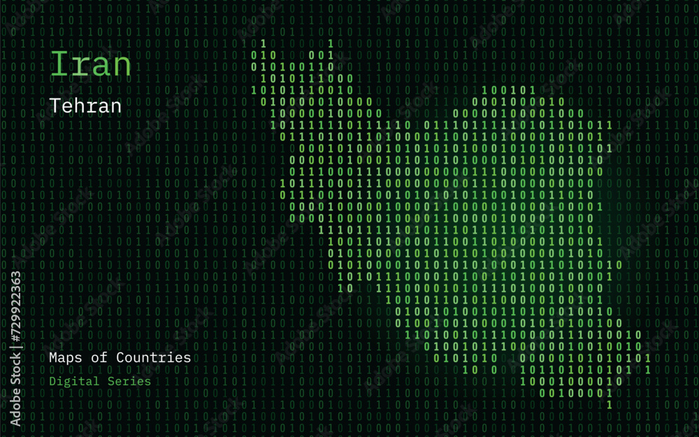 Iran Map Shown in Binary Code Pattern. Matrix numbers, zero, one. World Countries Vector Maps ...