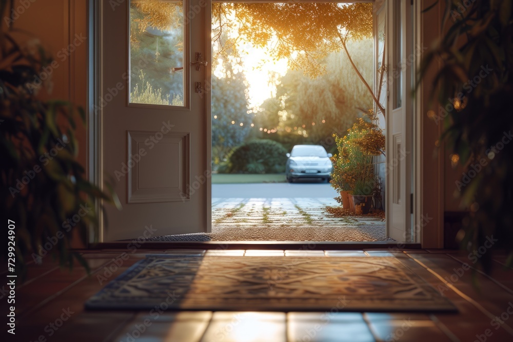 Open door house with car park view, view from inside, door open inside ...