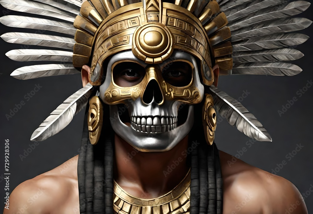 Image of a young Aztec Aztek God with a scary skull metal mask made of ...