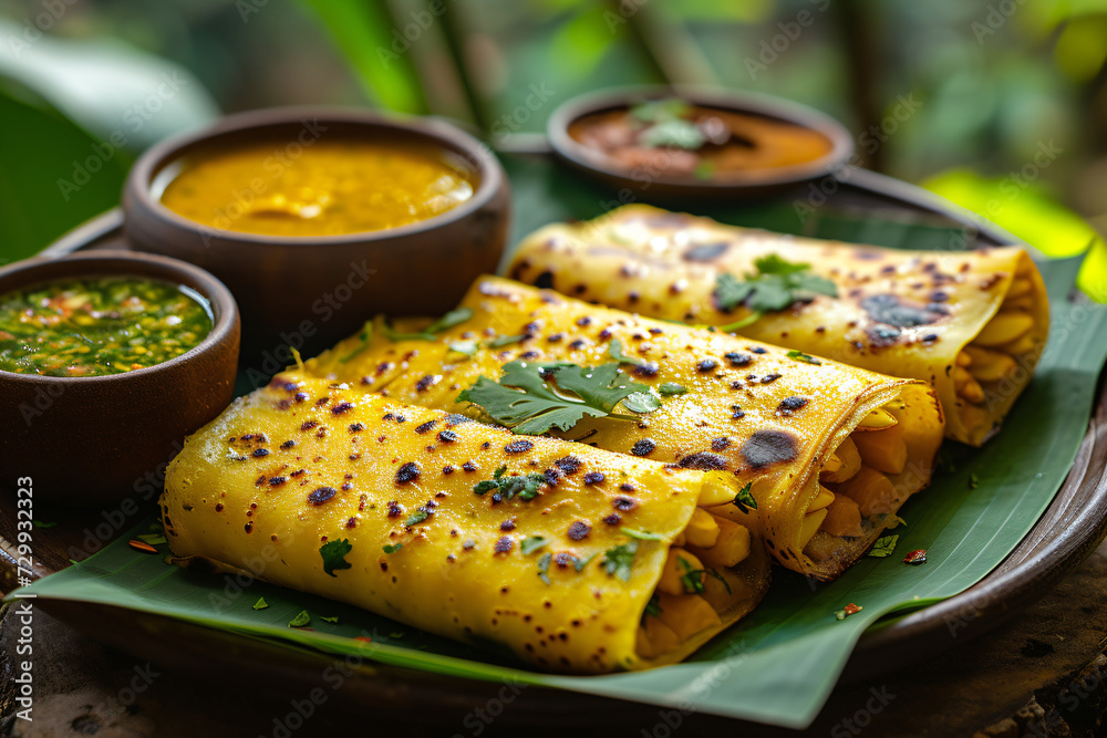Assorted indian food set on dark background. Bowls and plates with ...