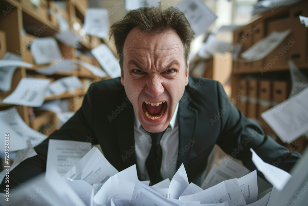 Pissed off male office worker cluttered with paperwork shouting, theme ...