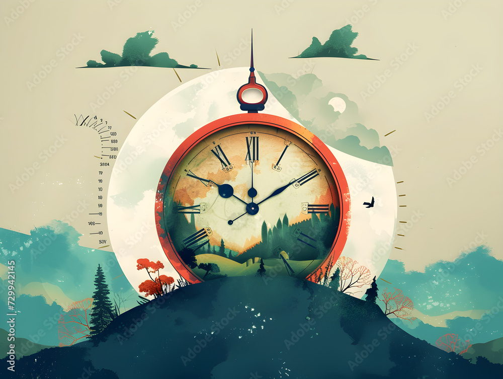Vintage Pocket Watch in Surreal Landscape Illustration - Concept of ...