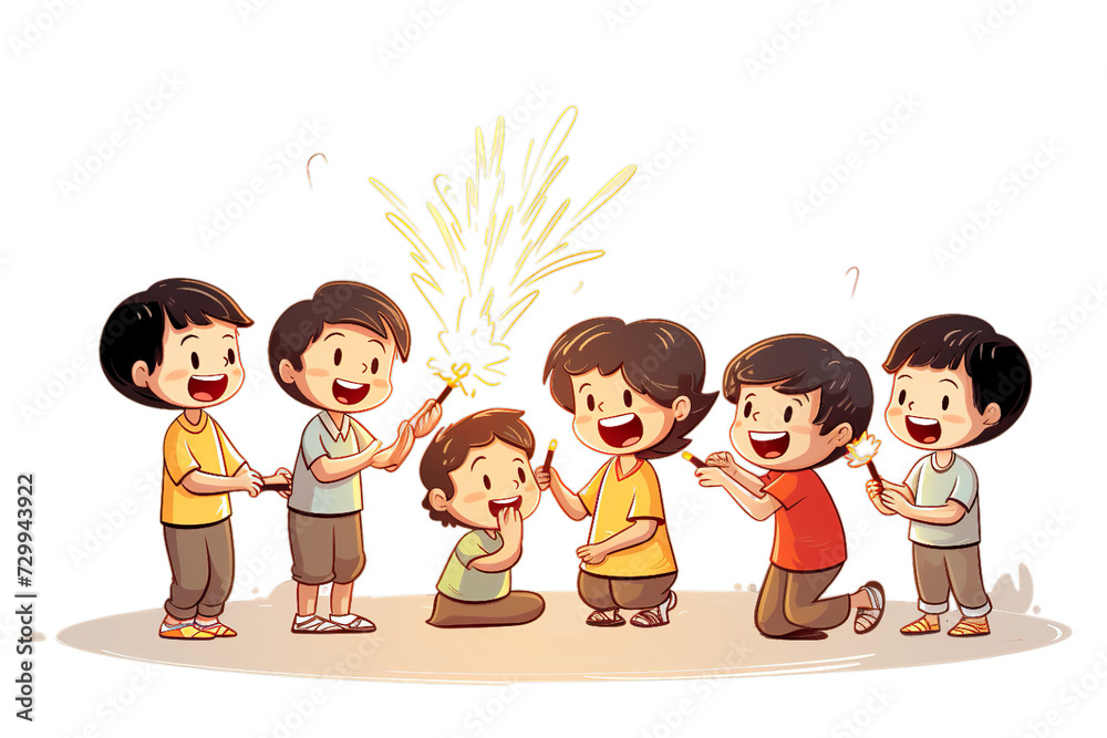 A Cartoon kids playing crackers Line art, Isolated on transparent PNG ...