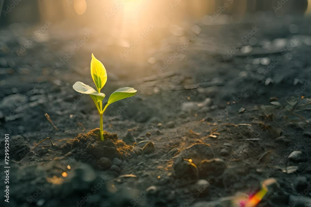 a small green sprout grows from the ground, black soil under the rays ...