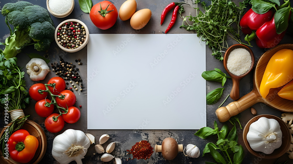 Rectangular blank white empty paper board with vegetables mockup on the ...