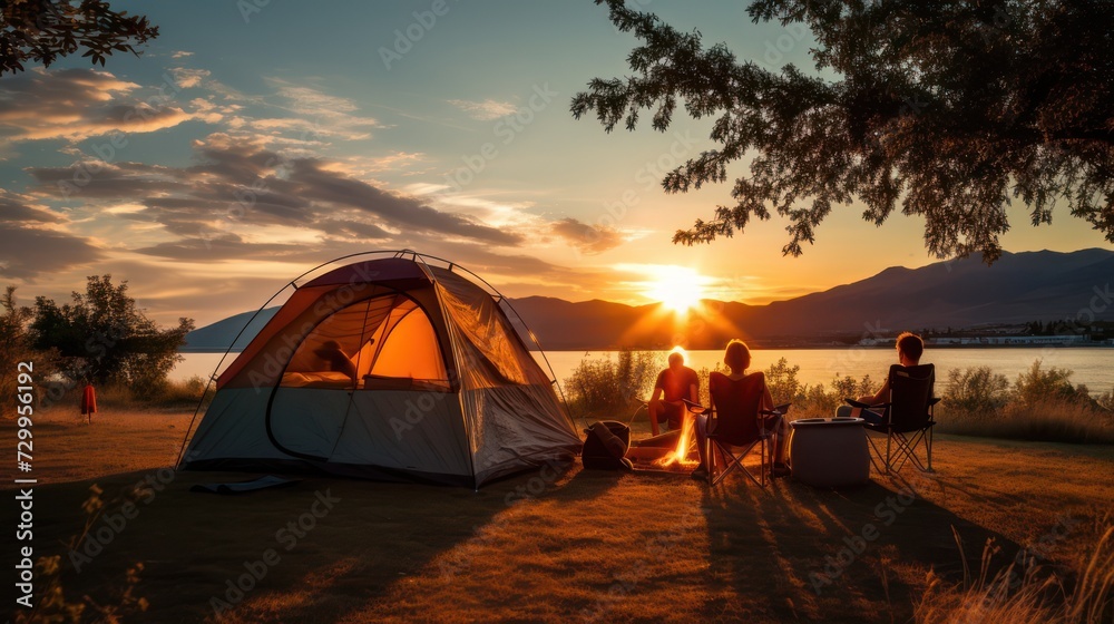 Camping adventure activities using tents, in the wild at a campground ...