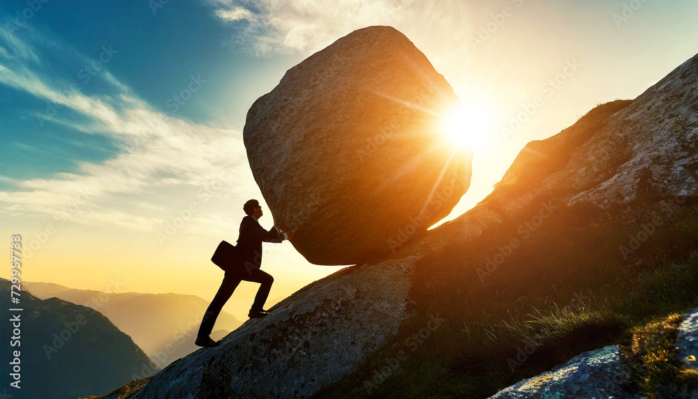 Silhouette of businessman pushing huge stone boulder up on hill at ...