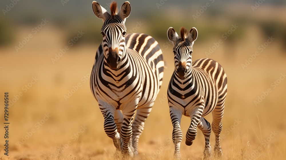 Zebra foal with striped legs prancing alongside its mother on the ...
