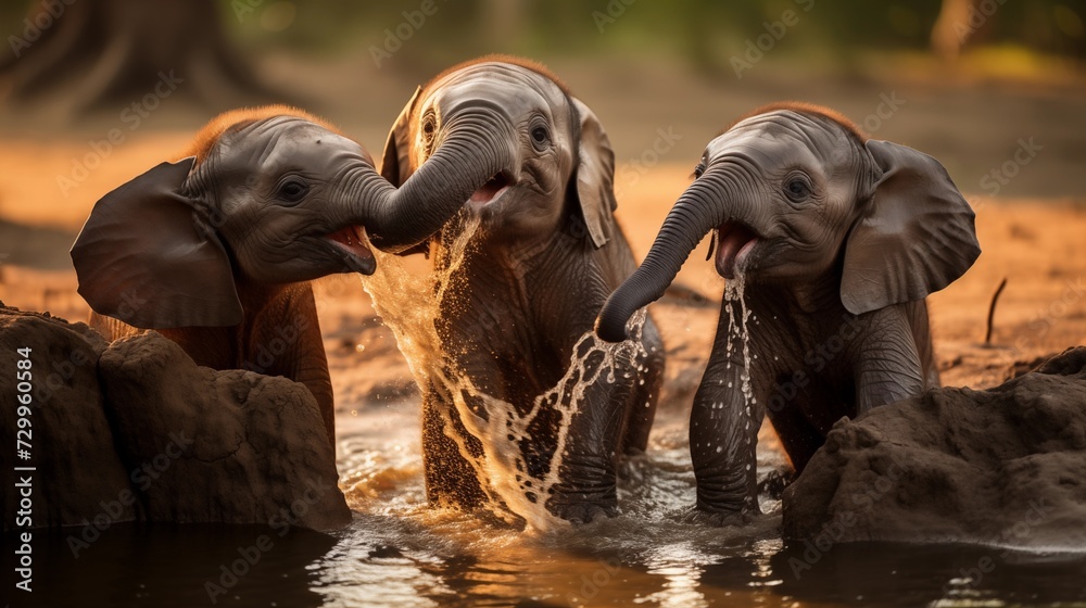 Curious baby elephant calf trunk-bumping with its siblings near a ...