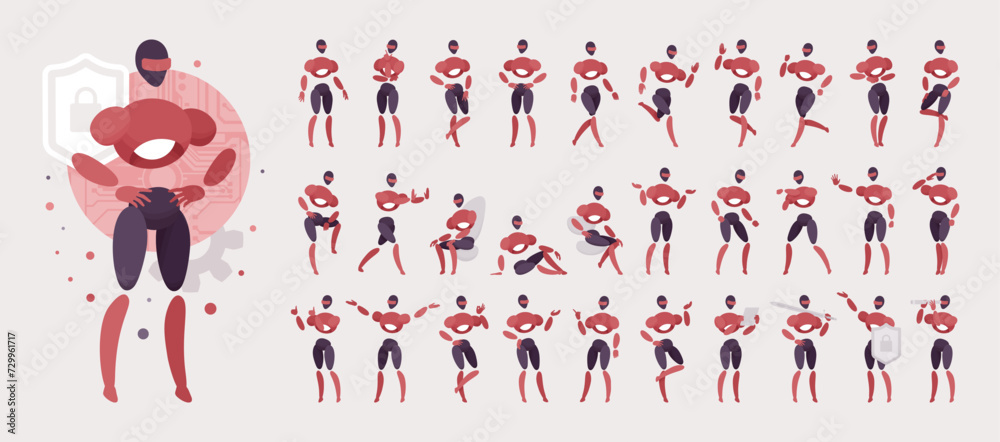 Embodied AI abstract male figure, smart computer guard character set ...