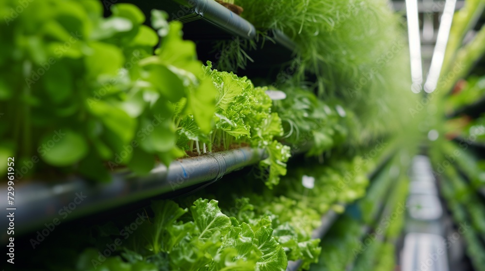 Vertical farming setup showcasing lush green plants growing in a soil-less hydroponic system ...