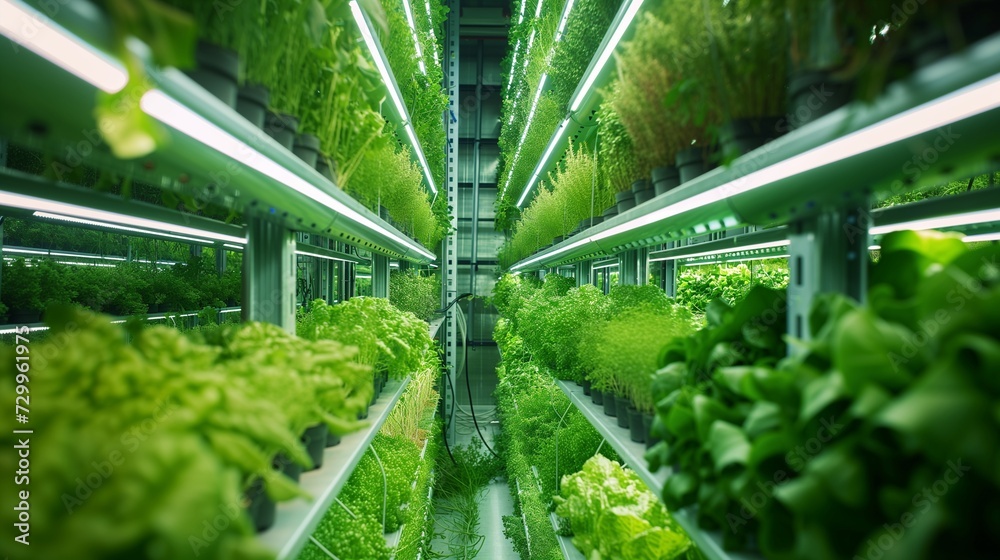 Vertical farming setup showcasing lush green plants growing in a soil-less hydroponic system ...
