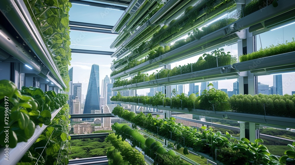 Vertical farming setup showcasing lush green plants growing in a soil ...