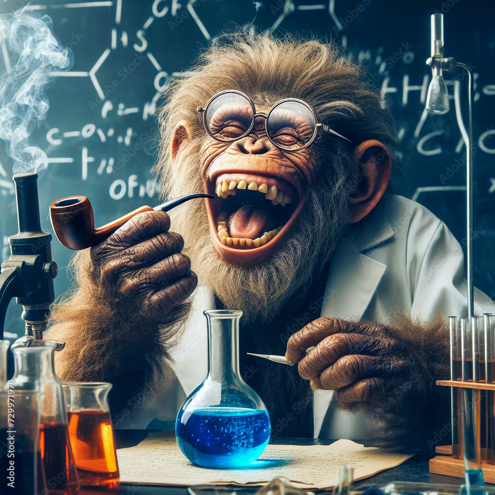 laughing disheveled prehistoric man Australopithecus as scientist in ...