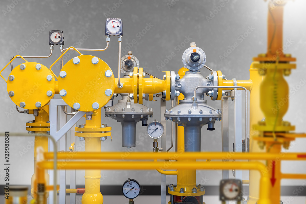 Gas equipment. Yellow pipes with mechanical manometers. Compressor ...