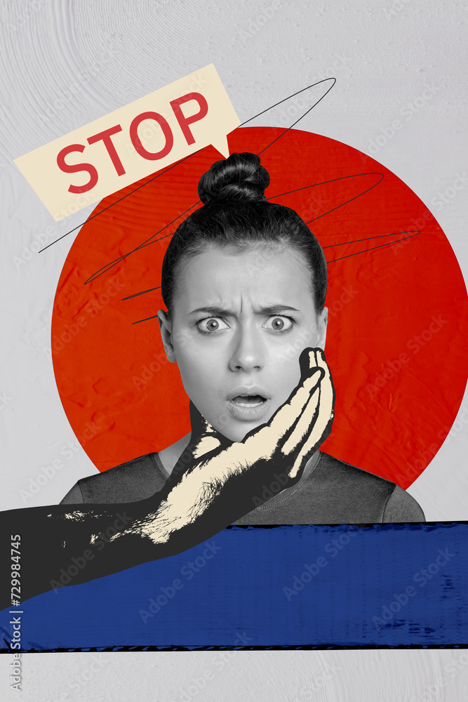 Vertical collage poster young woman suffer domestic assault arm touch ...