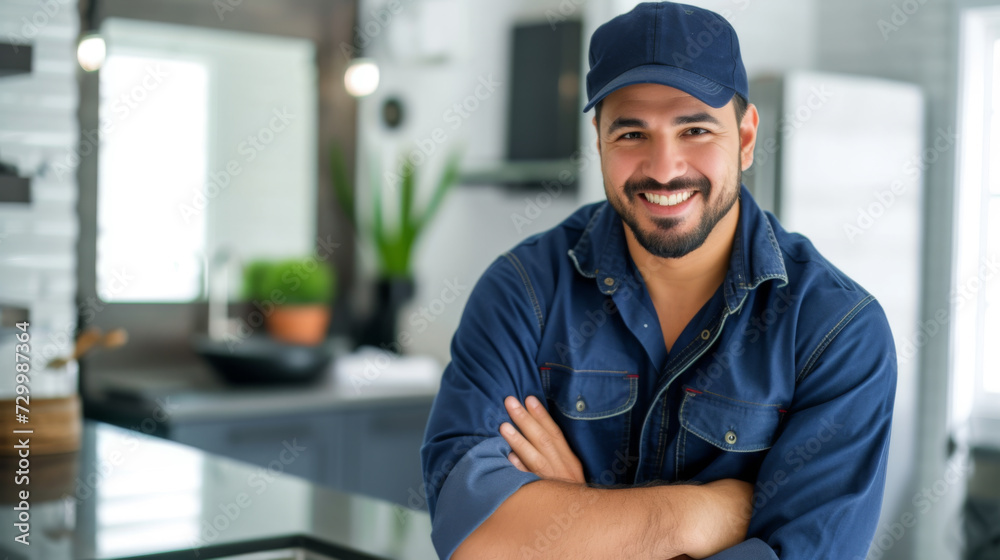 smiling man with a beard, wearing a blue plumber's uniform and cap ...
