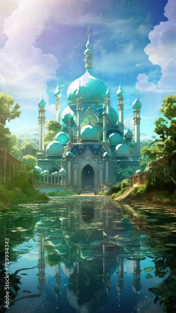 Anime-style depiction of a mosque with turquoise walls, reflecting in a ...