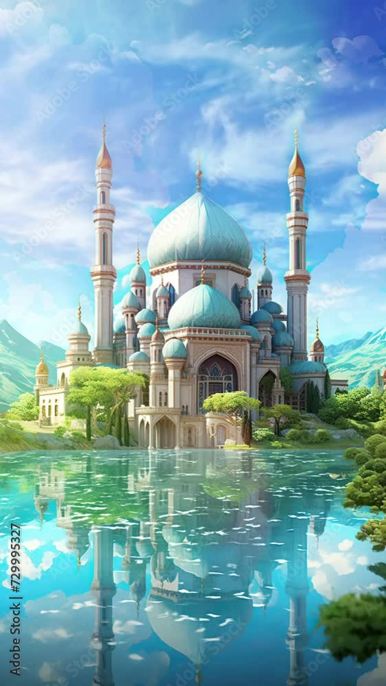 Turquoise-walled mosque with its reflection in a serene pond, brought ...
