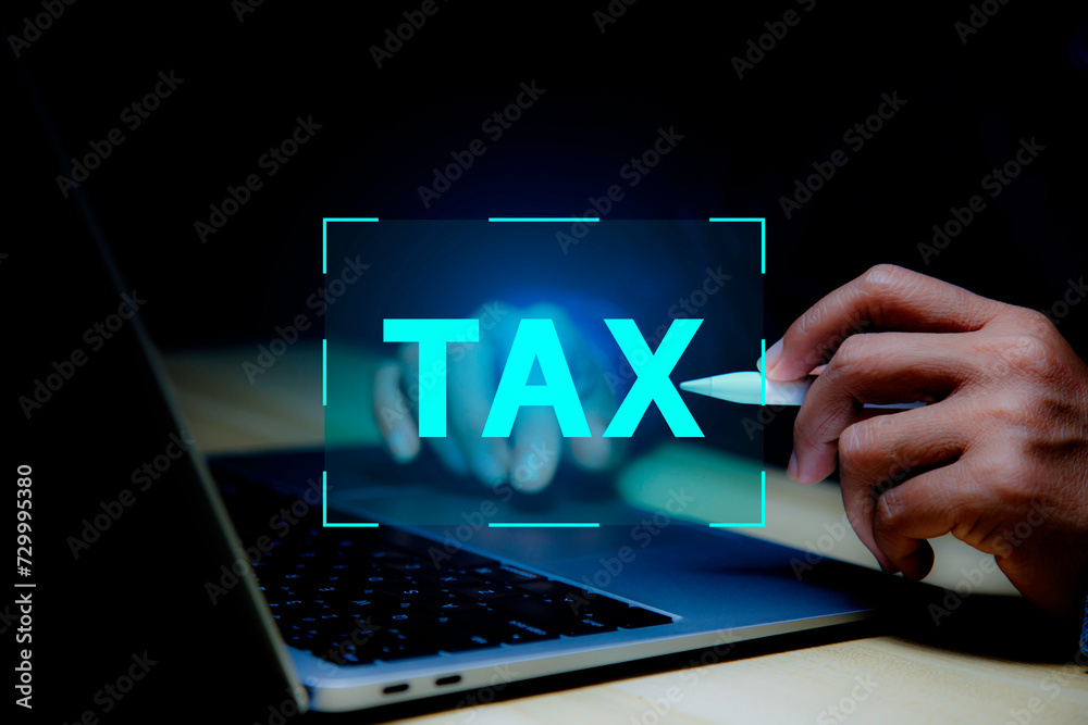 Tax concept. tax icon on computer. income tax system icon around. pay ...