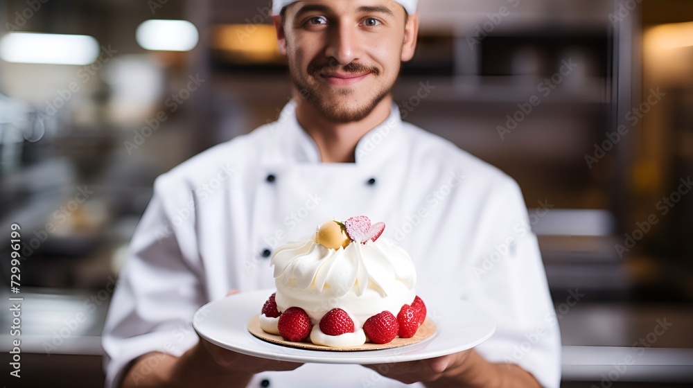 Pastry chef displaying a dessert with pride in a plain background ...