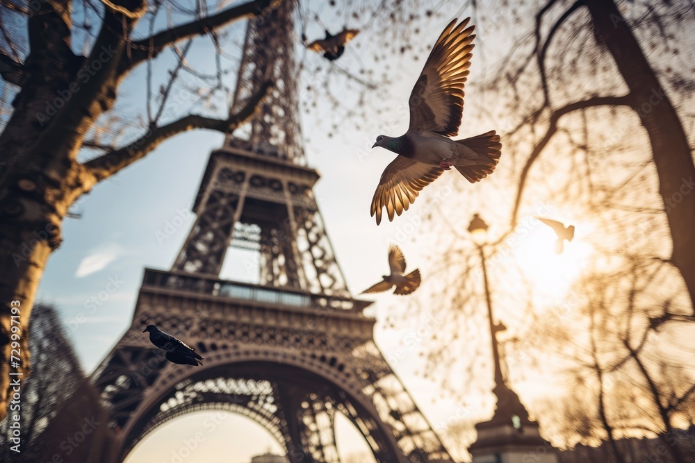 Wings Over Paris: Pigeons Soar Near the Iconic Paris sky, France - A ...