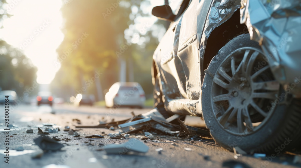 Foto de Damaged silver car with a dented door and shattered front ...