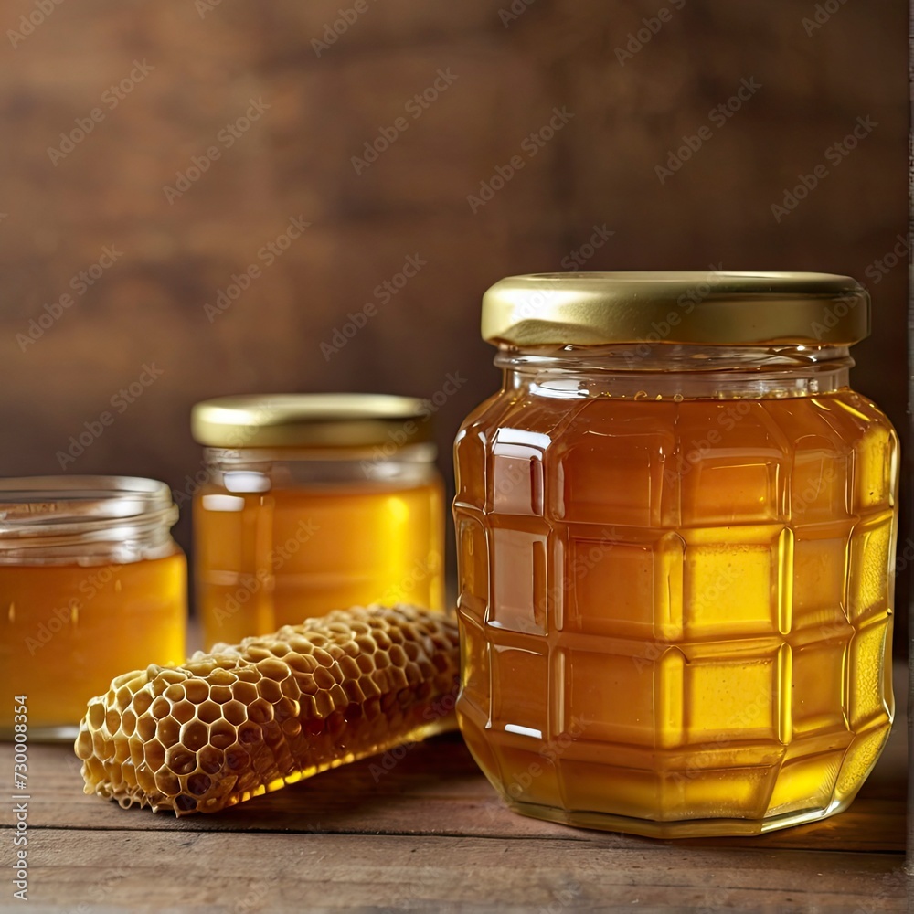 Assortment of honey products: honeycombs, nuts in honey, beeswax in ...