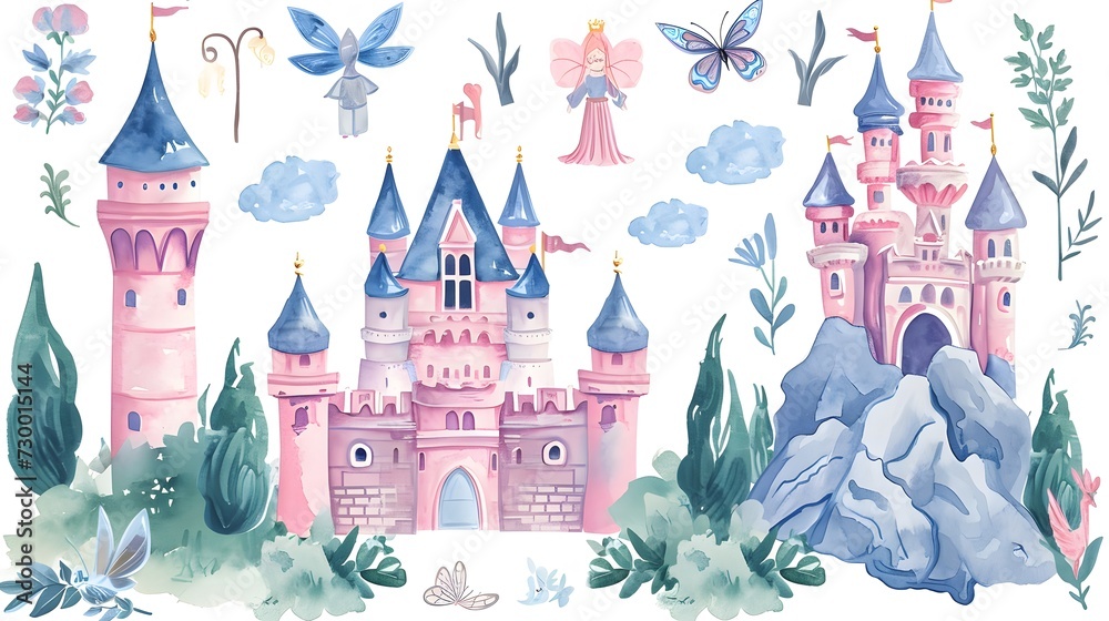 watercolor clip art set fairy tales, castles, fairies, and magical ...