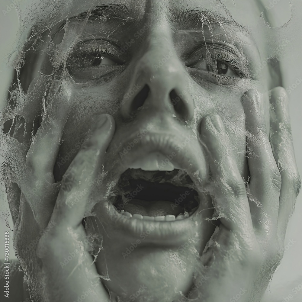 woman's face, marked by an open mouth and beads of sweat, reflects the ...