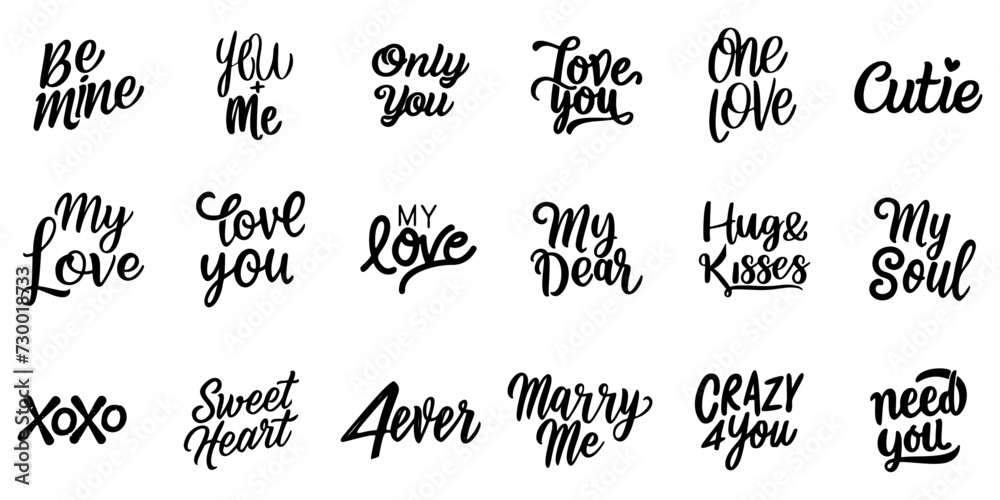 A set of handwritten words and phrases for the design of Valentine's ...