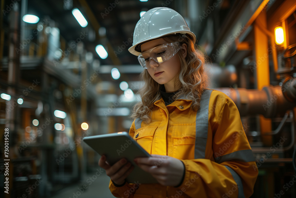 Female engineer. A professional female engineer wearing a hard hat and ...