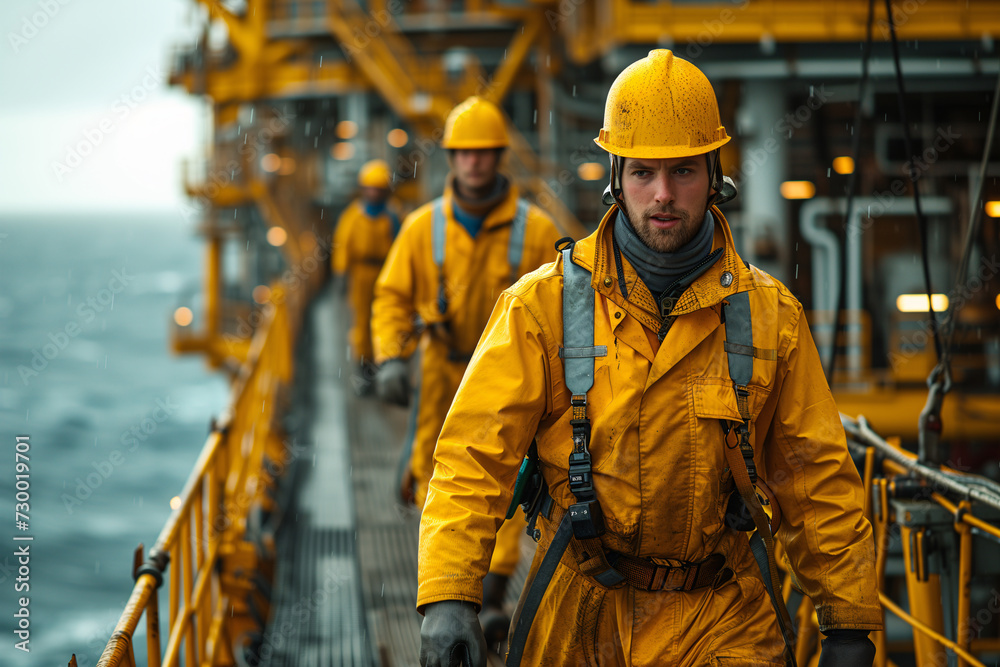 Offshore oil rig workers clad in yellow protective suits and helmets ...