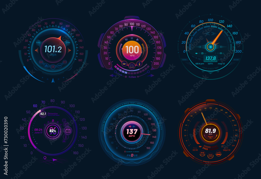 Car speedometers, neon dial and traffic speed gauge dashboard, vector ...