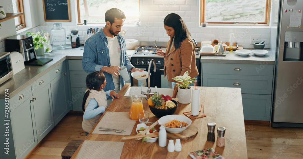 Family cleaning after breakfast, food and nutrition with hygiene ...