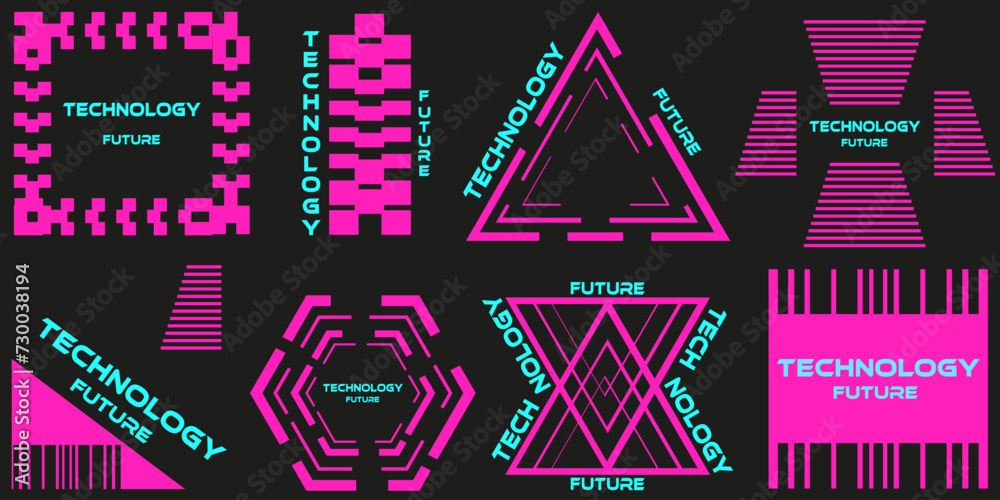 Set Pink neon Cyberpunk Geometric element isolated black background ...