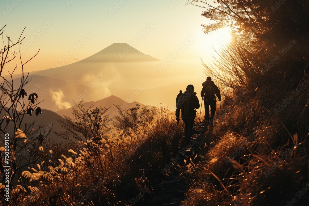 Fuji Panoramic Sunrise Trek: Trekkers Silhouetted Against the Majestic ...