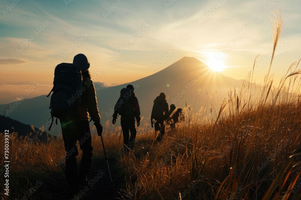 Fuji Panoramic Sunrise Trek: Trekkers Silhouetted Against the Majestic ...