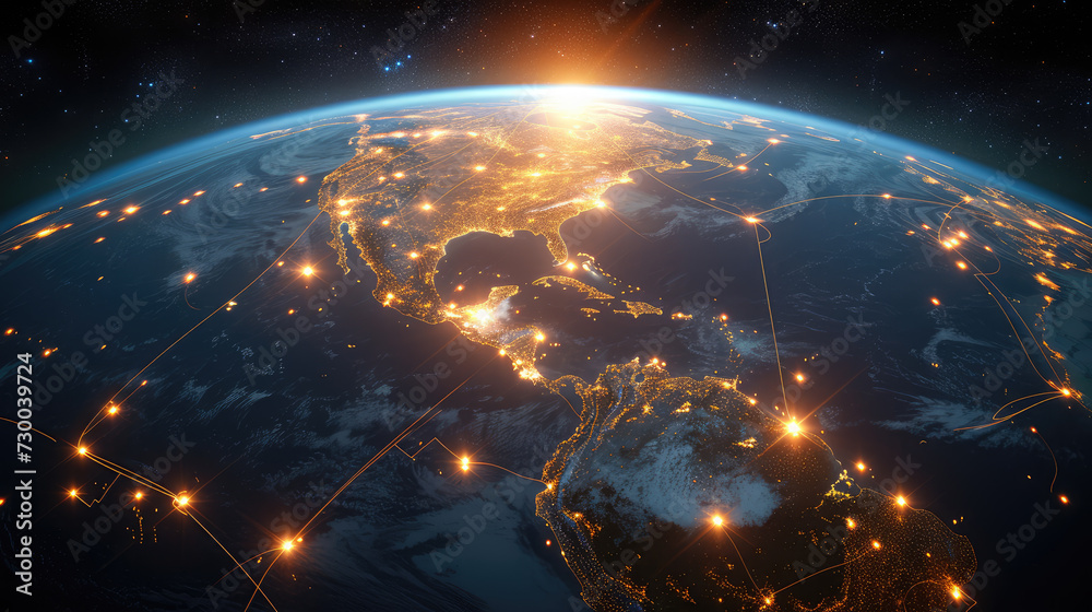 A stunning view of Earth from space, with a network of illuminated ...