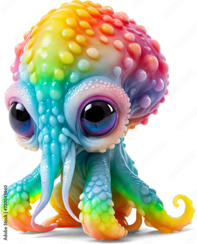 Rainbow colorful baby octopus-creature with huge purple eyes walking on ...