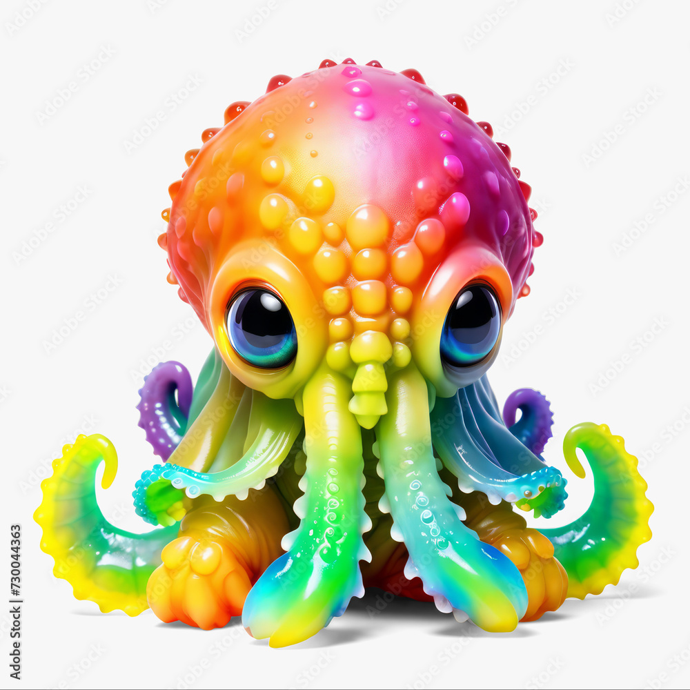 Rainbow purple colorful baby octopus-creature with huge deep blue eyes ...