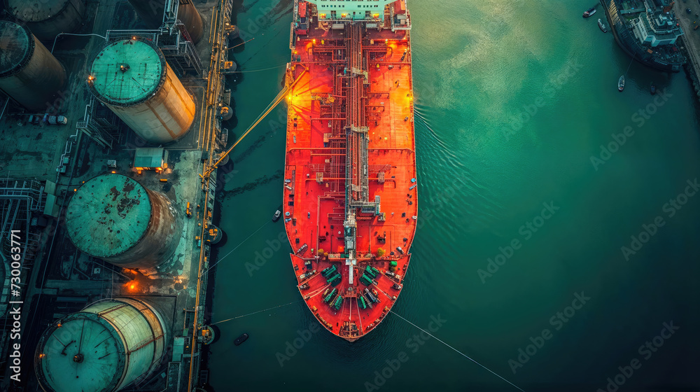 An aerial view of a striking red tanker ship docked at an industrial ...