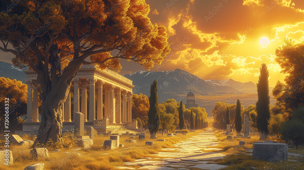 Golden Sunset Over Ancient Greek Temple: A Scenic Pathway Amidst Majestic Trees and Mountains ...