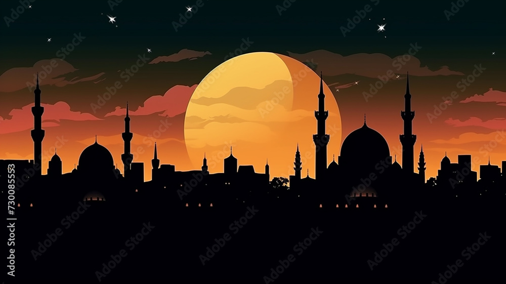 Mosque sunset sky, moon, holy night, islamic night and silhouette ...