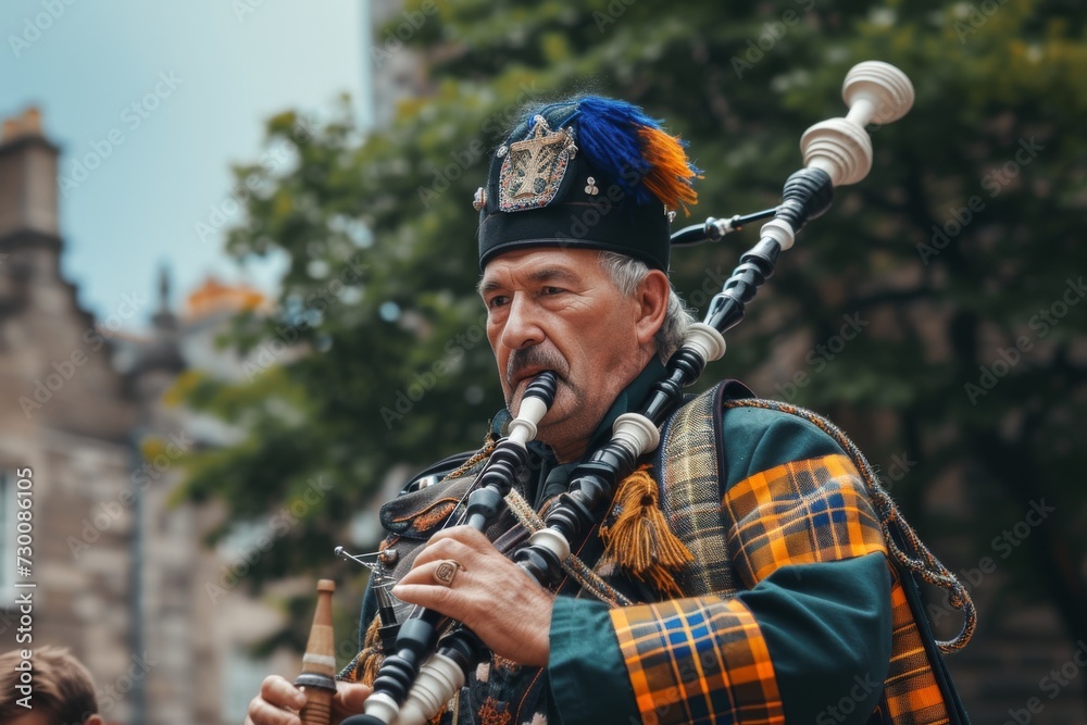 Scottish Bagpiper In Traditional Attire Playing At Cultural Event Stock ...