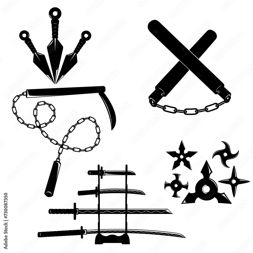 Ninjutsu Weapon Pack containing shuriken's, nun chucks, swords ...