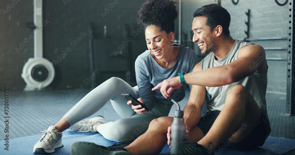 Smartphone, fitness and personal trainer talking to client for exercise ...
