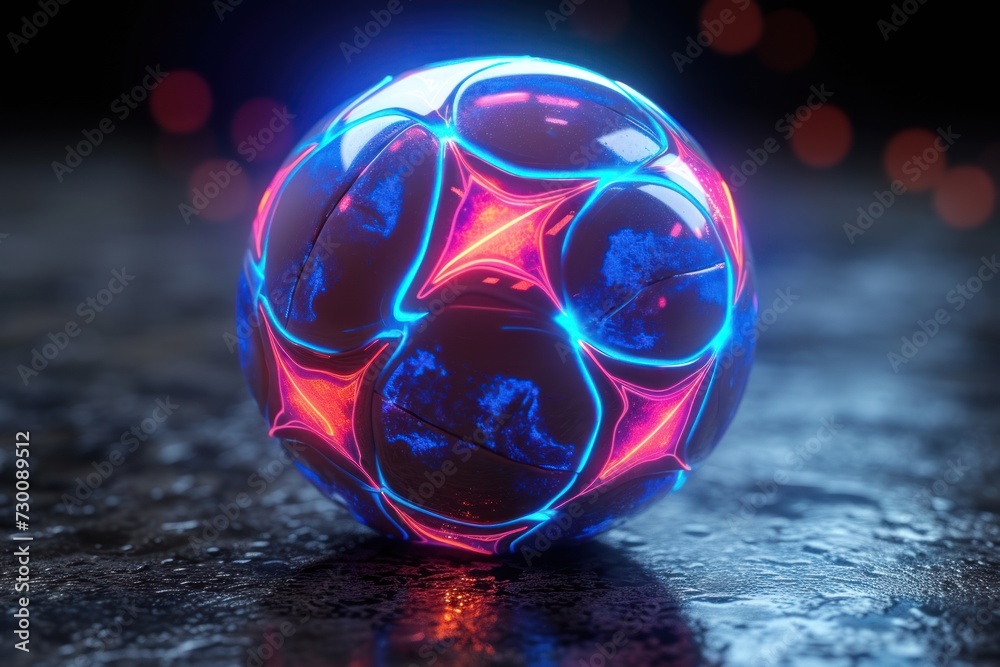 neon soccer ball spin move in net with black studio background Stock ...