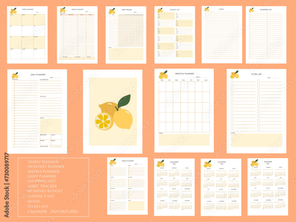planner set lemons pages templates:daily planner, weekly planner ...