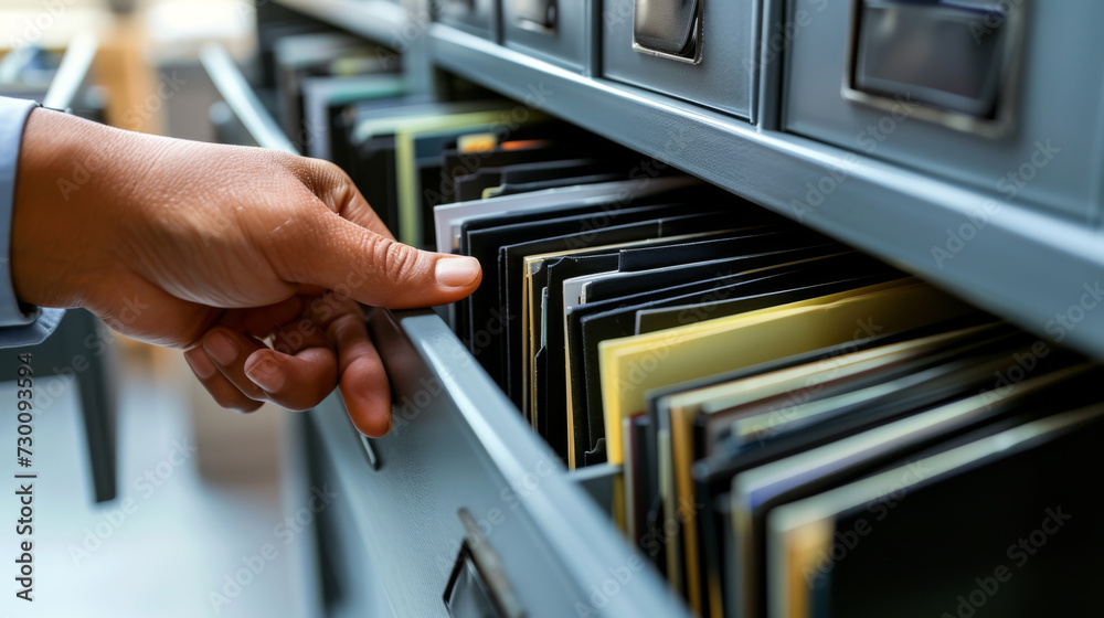 A hand is shown pulling a file from an organized open filing cabinet ...
